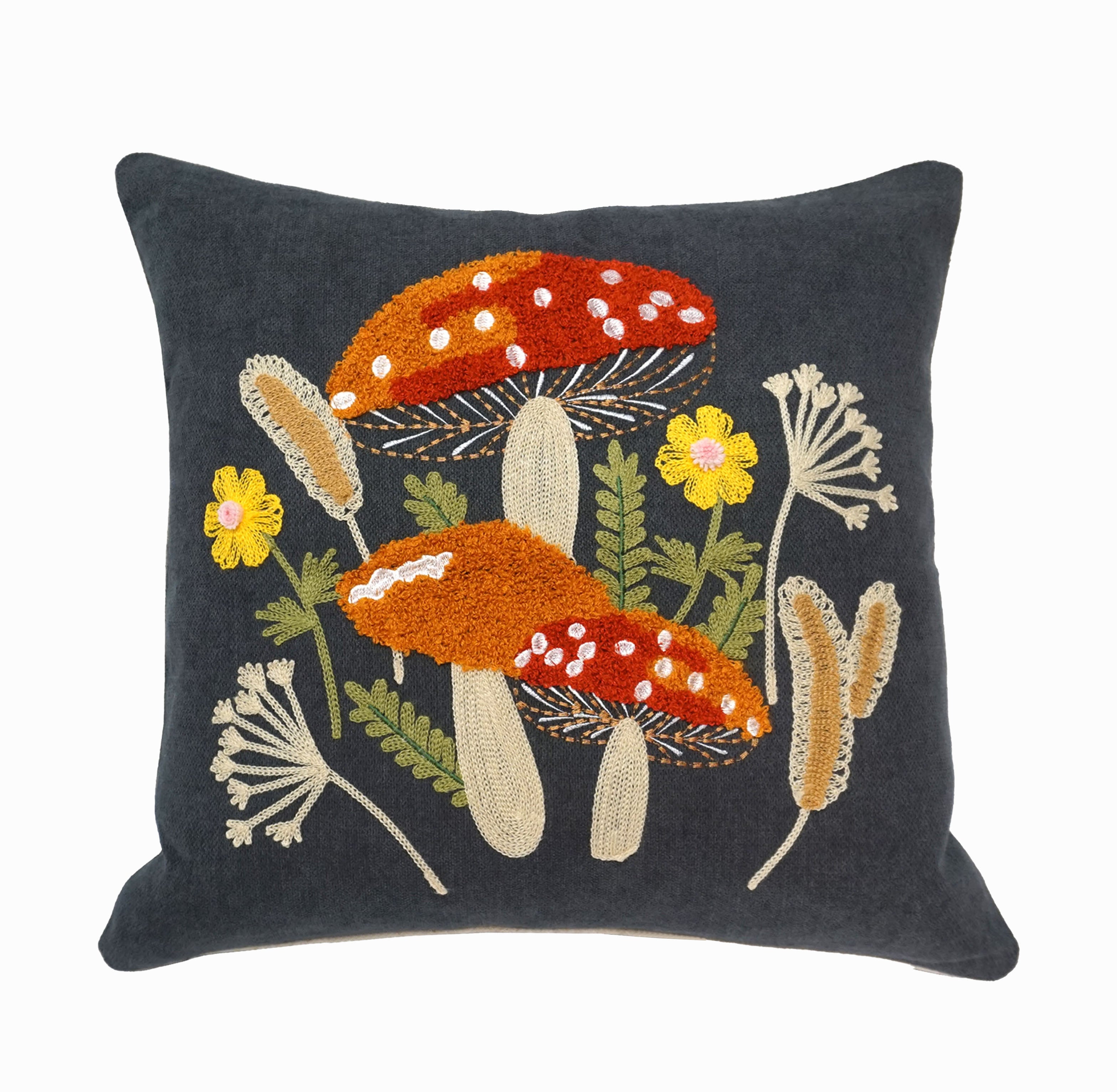 Mushroom & Wildflowers Throw Pillow Cover | Gray | 18" x 18" – Millow